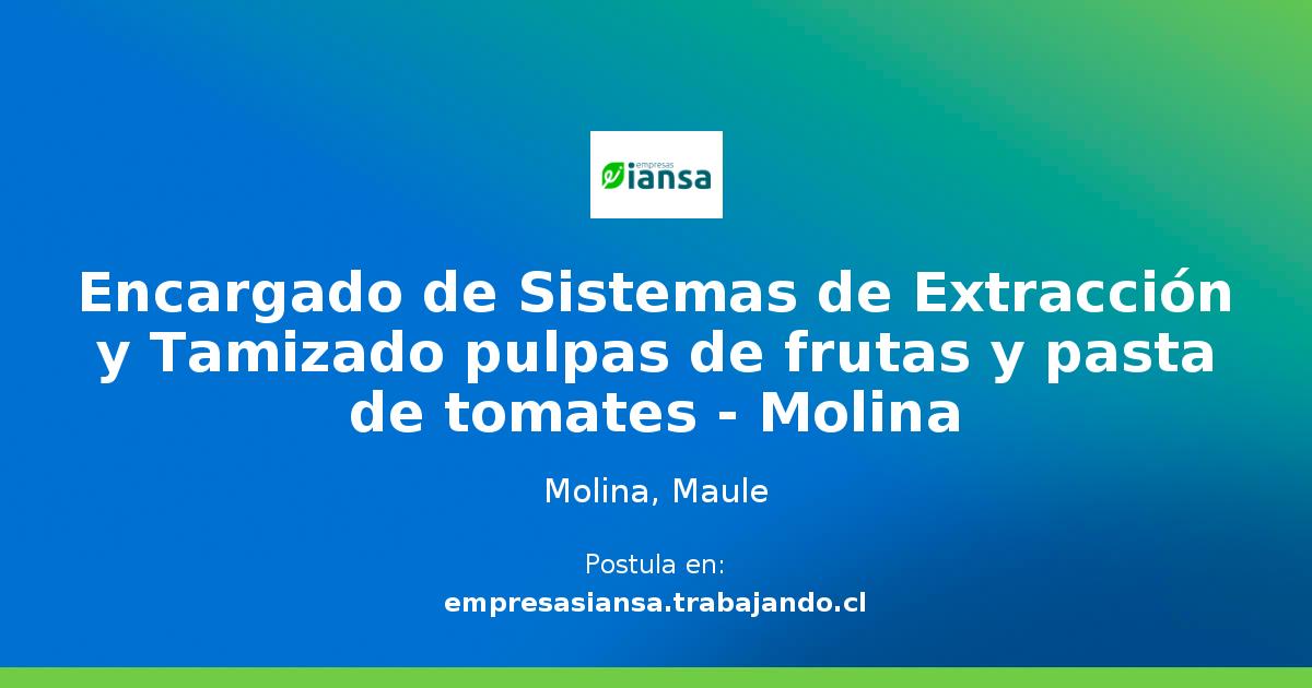Encargado de Sistemas de Extracción y Tamizado pulpas de frutas y pasta ...